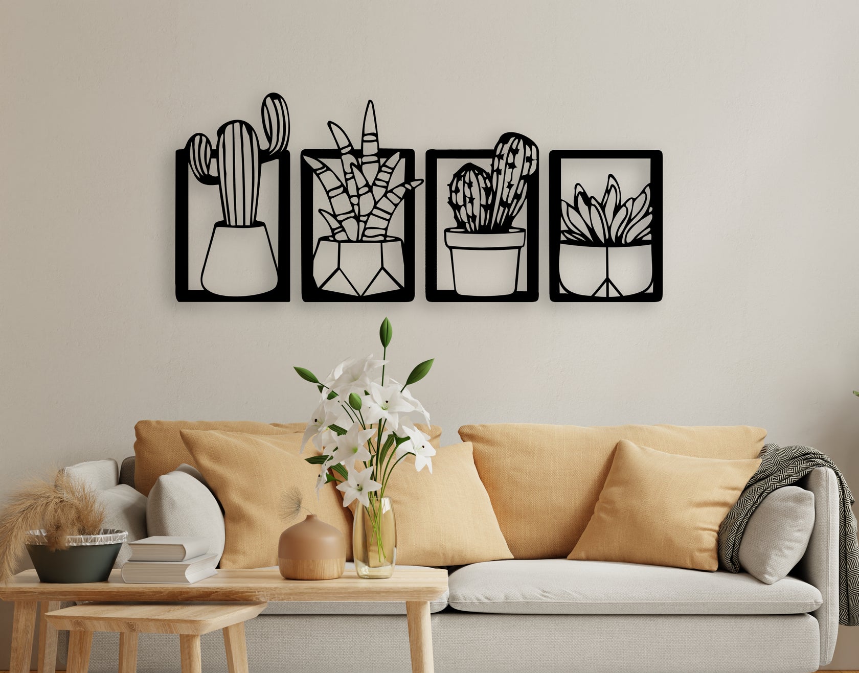 Houten wanddecoratie - cactussen - 4-luik | Wij Graveren Hout